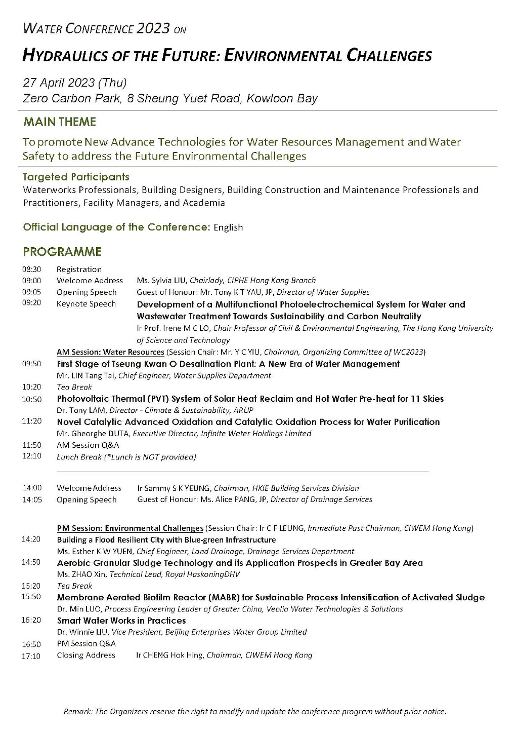 Water Conference 2023 - Hydraulics of The Future: Environmental ...